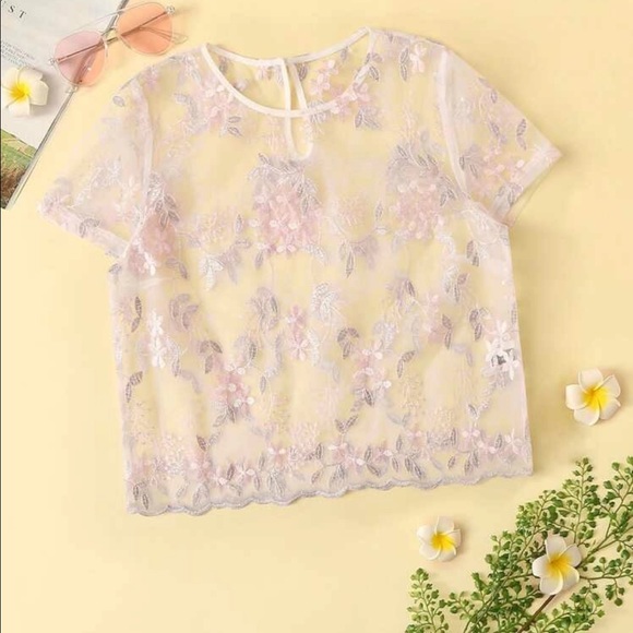 Tops | Floral Embroidered Mesh Crop Top | Poshmark